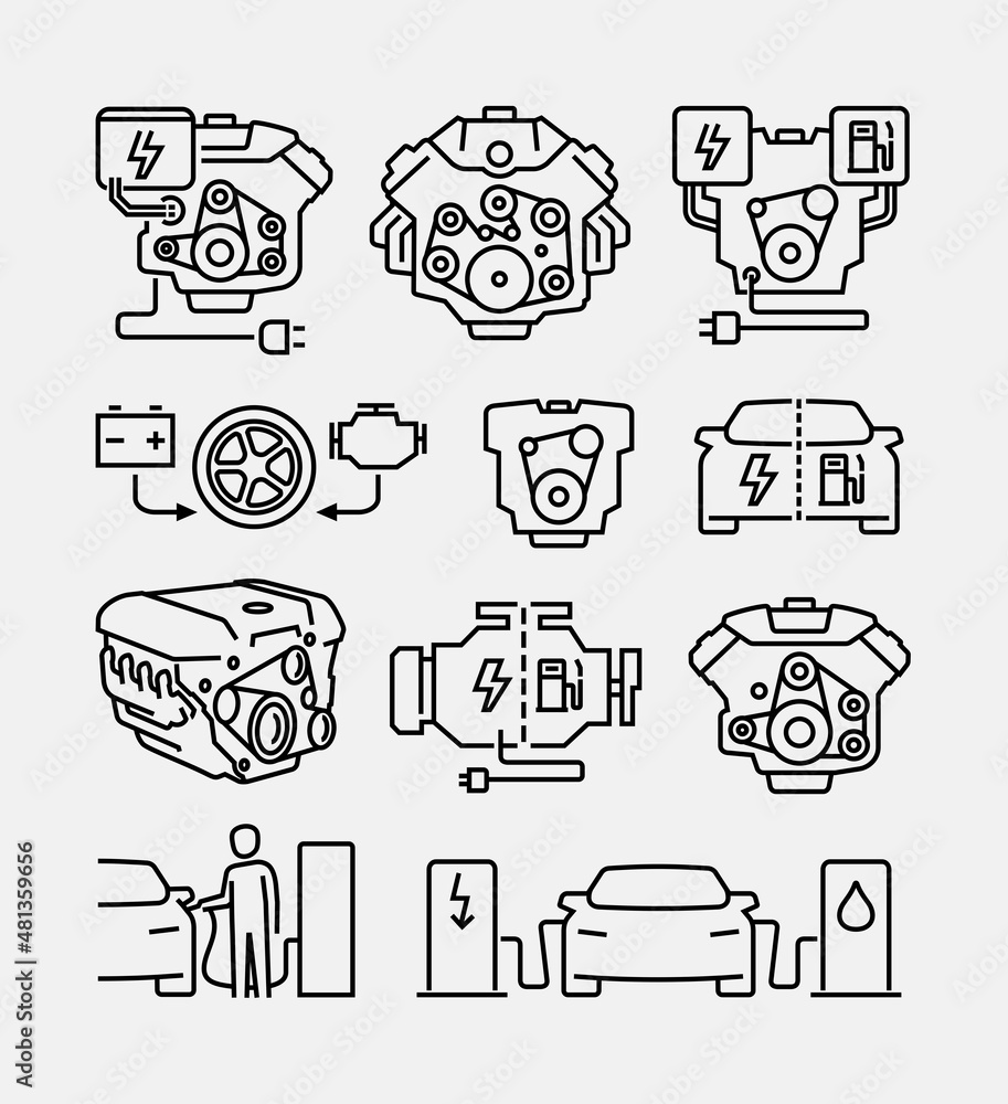 Vetor de Hybrid Car Engine Vector Line Icons Set. Plug-in hybrid ...