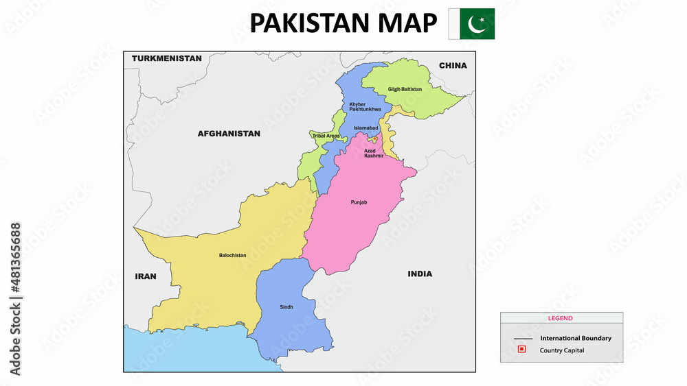 Pakistan Map. Colorful Pakistana Map with neighboring countries names ...