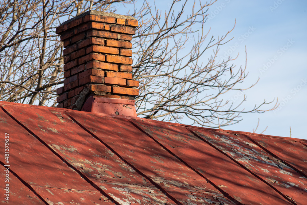 Roof and chimney from an old house - brick and metallic texture Stock ...