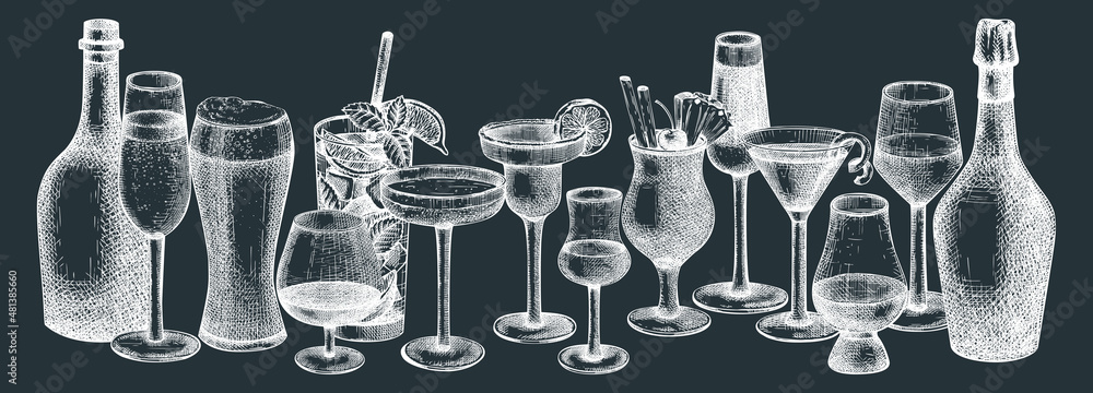 Bar banner or menu design with hand-sketched glasses and bottles ...