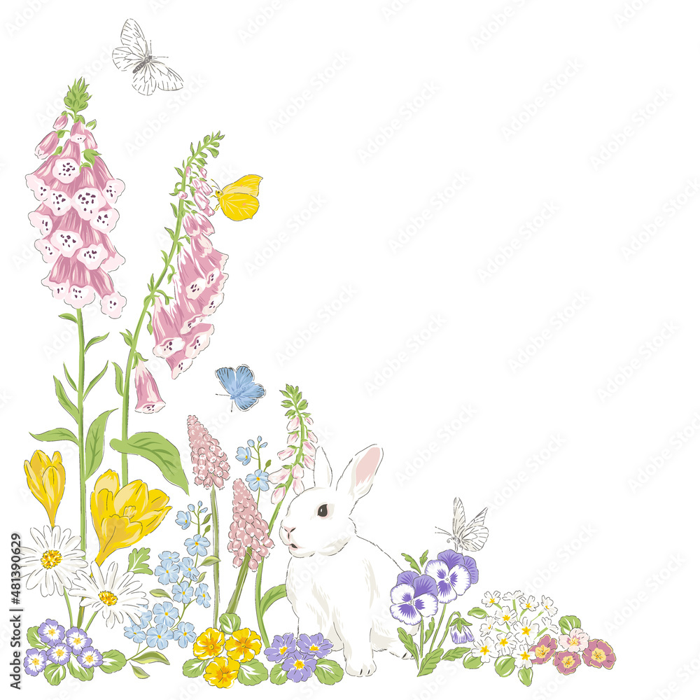 Spring summer flowers butterfly cute bunny hand drawn corner frame ...