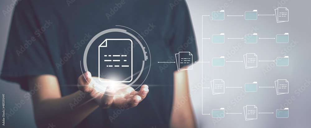 Document Management System (DMS) concept. Hand hold file icon Virtual ...