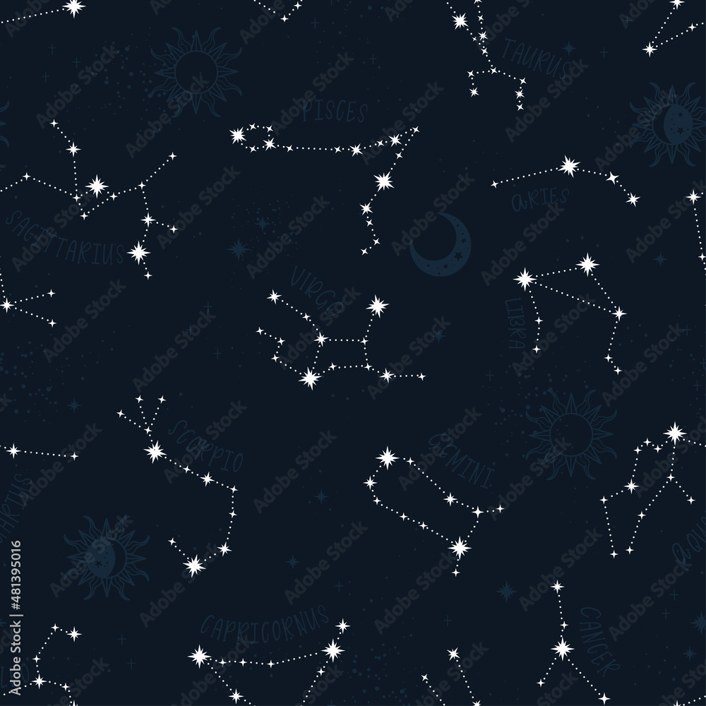 Trendy astrology seamless pattern, zodiac background hand drawn, stars ...