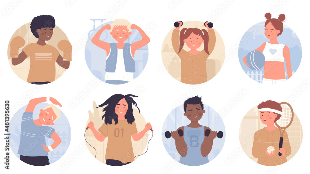 Healthy sport workout of kids in round avatar set vector illustration ...