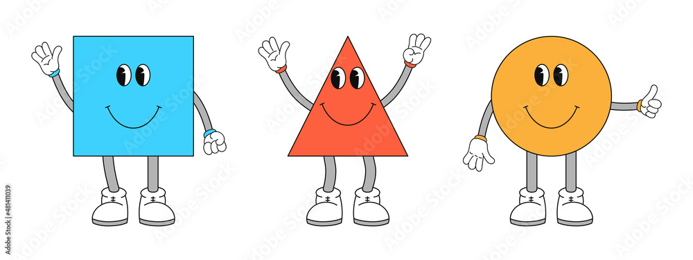 Geometric figures with face emotions, hands and legs. Different shapes ...