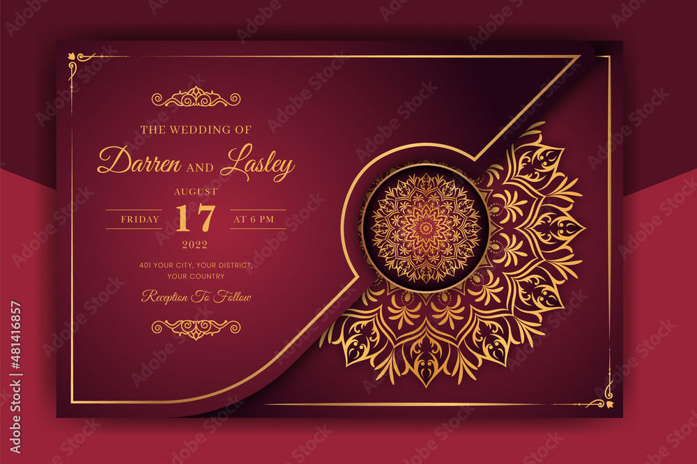 Luxury Mandala Wedding Invitation Card template with golden arabesque ...