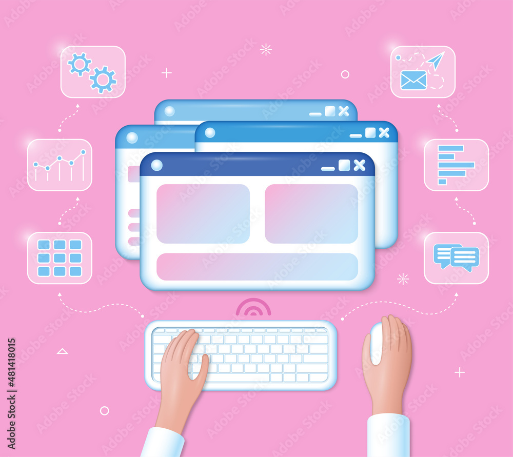 Efficient work in a computer user interface. Top view of a desktop with ...