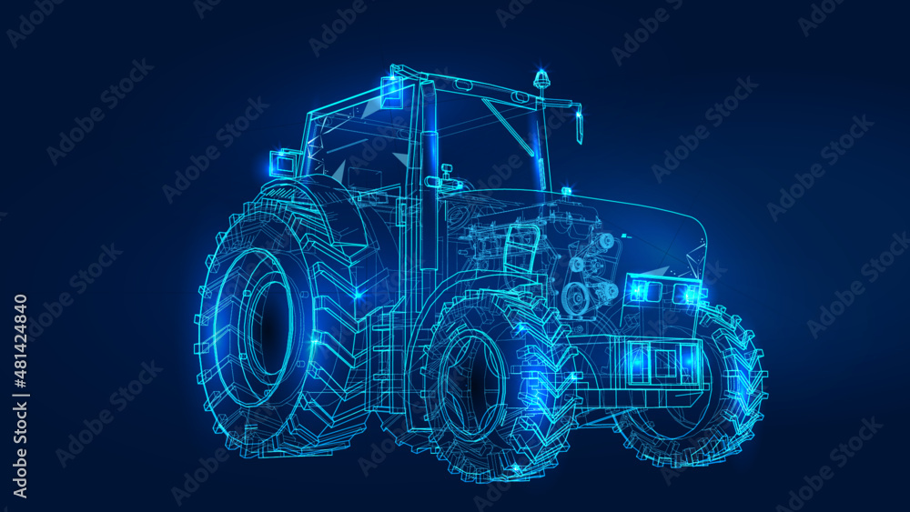 Polygonal 3d tractor in dark blue background. Online cargo delivery ...