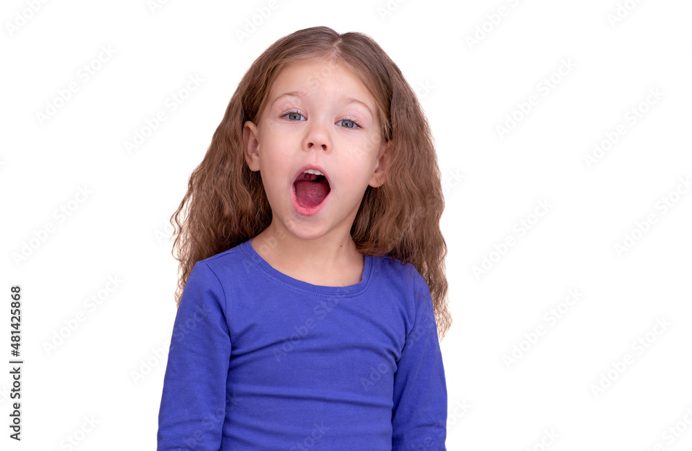 Singing child kid with wide open mouth isolated on white background ...