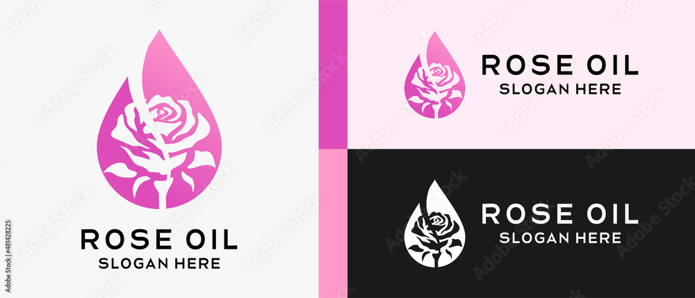 rose oil logo design template with creative concept in pink color drops ...