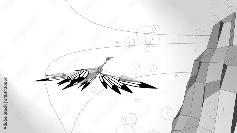 3d animation a robotic stork flying on sky with a flow of particles ...