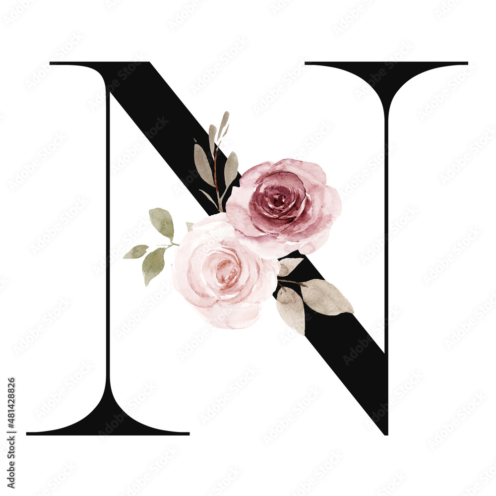 Monogram, letter n with watercolor flowers and leaf. Alphabet perfectly ...