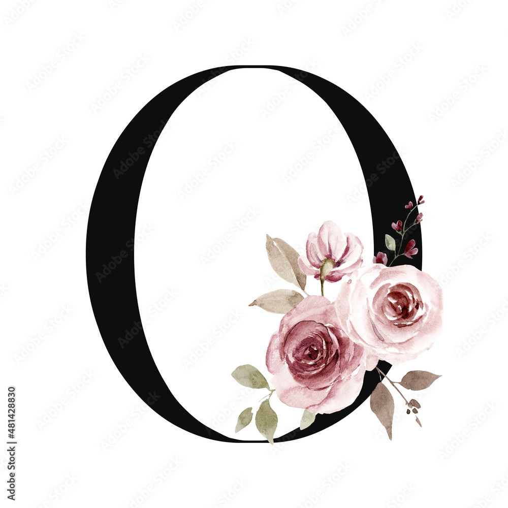 Monogram, letter o with watercolor flowers and leaf. Alphabet perfectly ...