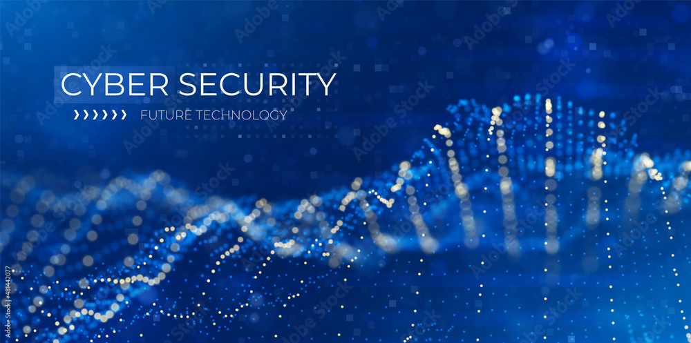 Cyber security concept. Abstract blue particle background. Flow wave ...