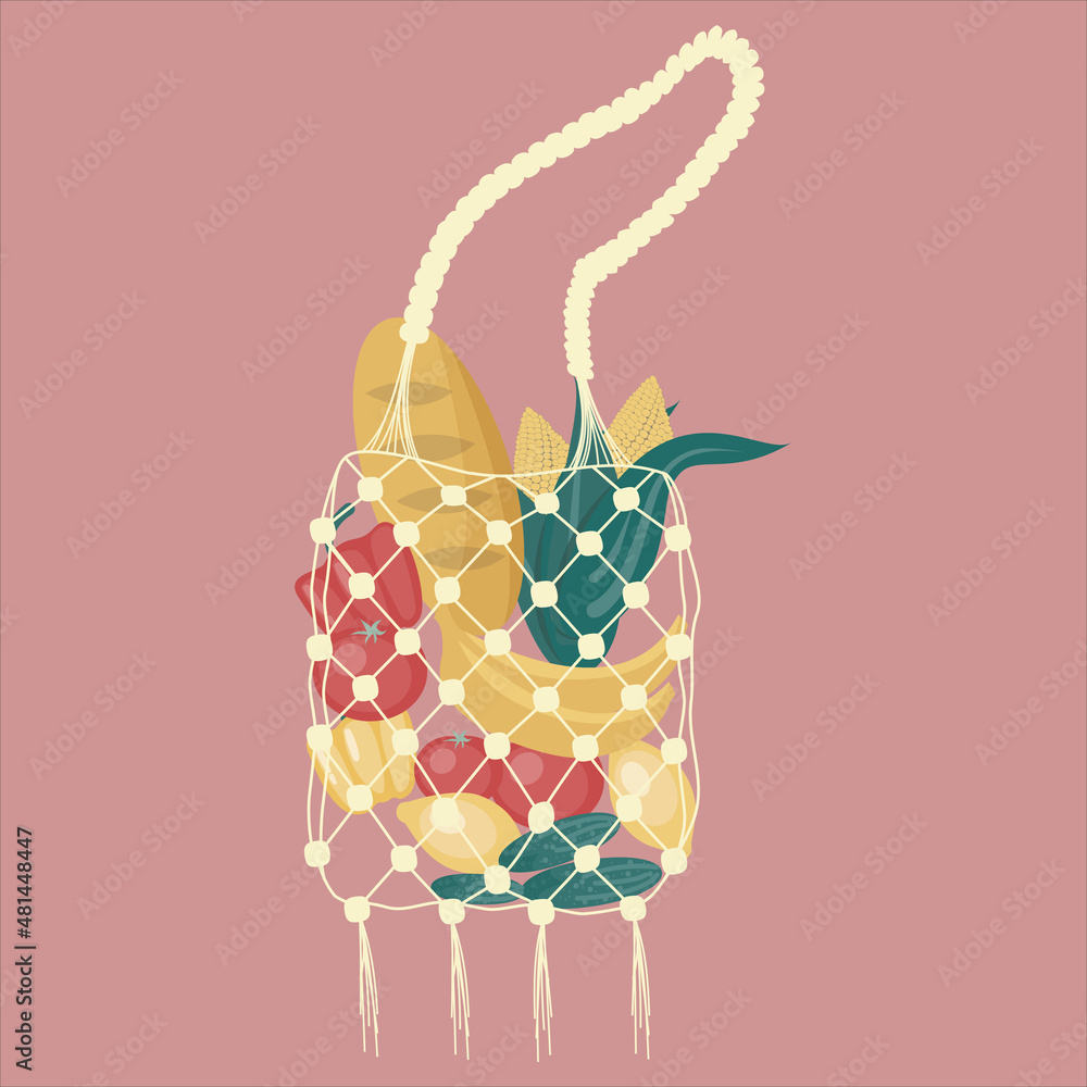 Macrame bag with food products. Stock Vector | Adobe Stock