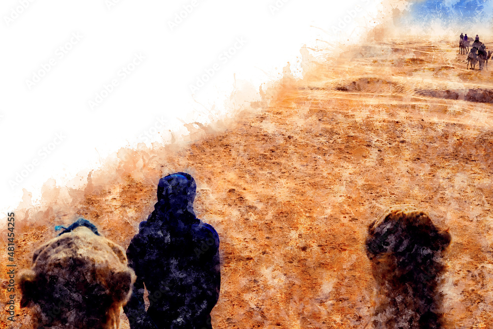 Watercolor drawing. Berber stands with his back with a camel and looks ...
