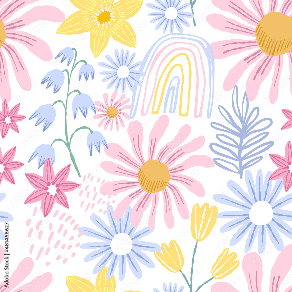 Spring hand drawn flower seamless pattern. Spring floral background ...