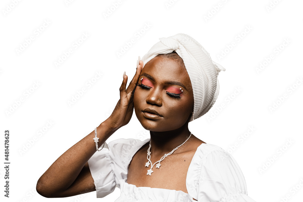 Beauty portrait of black muslim woman weared white dress and headscarf ...