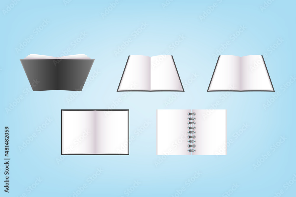 3D cartoon wide open blank book, diary, and notebook set collection ...