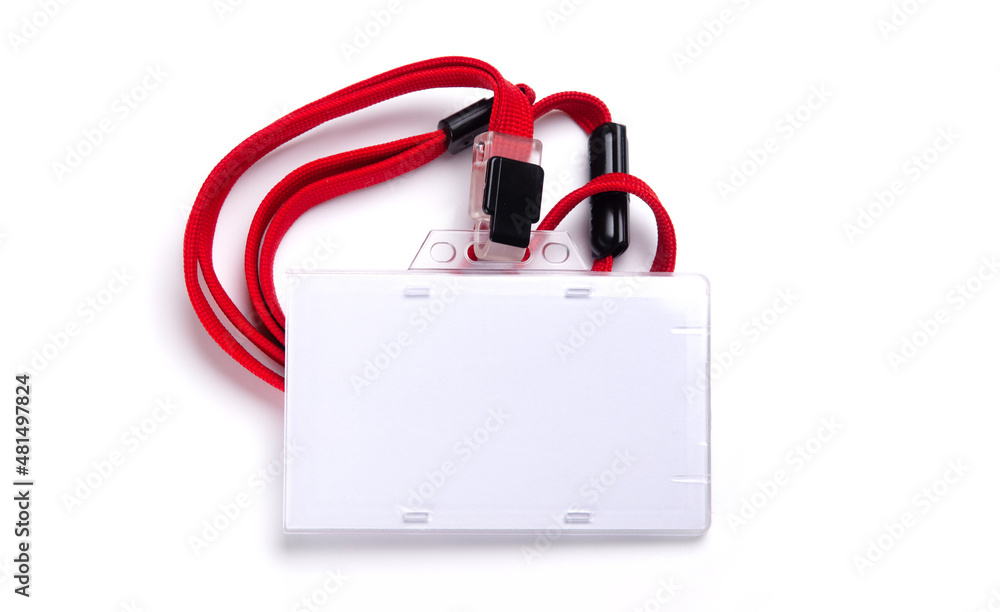 Blank security card with red neck strap isolated on white. For adding ...