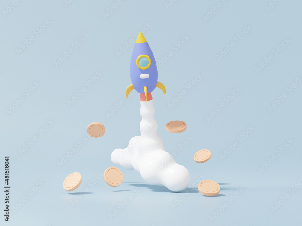 Business investment start-up concept. Spaceship rocket spewing smoke ...