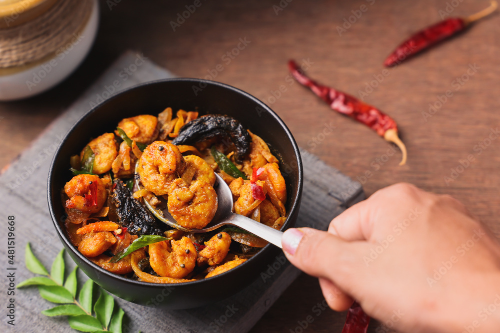 Stockfoto Serving Shrimp masala fish curry Chemmeen curry tiger Prawns ...