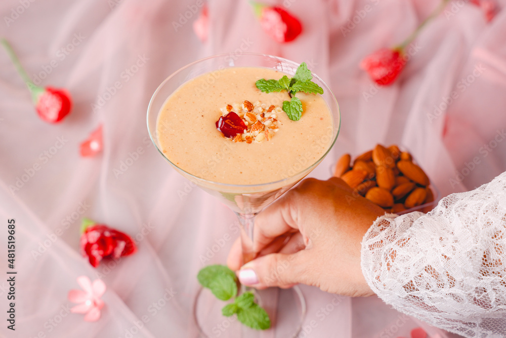 Kesar Badam milk shake Almond Saffron milk serving smoothie Kerala ...