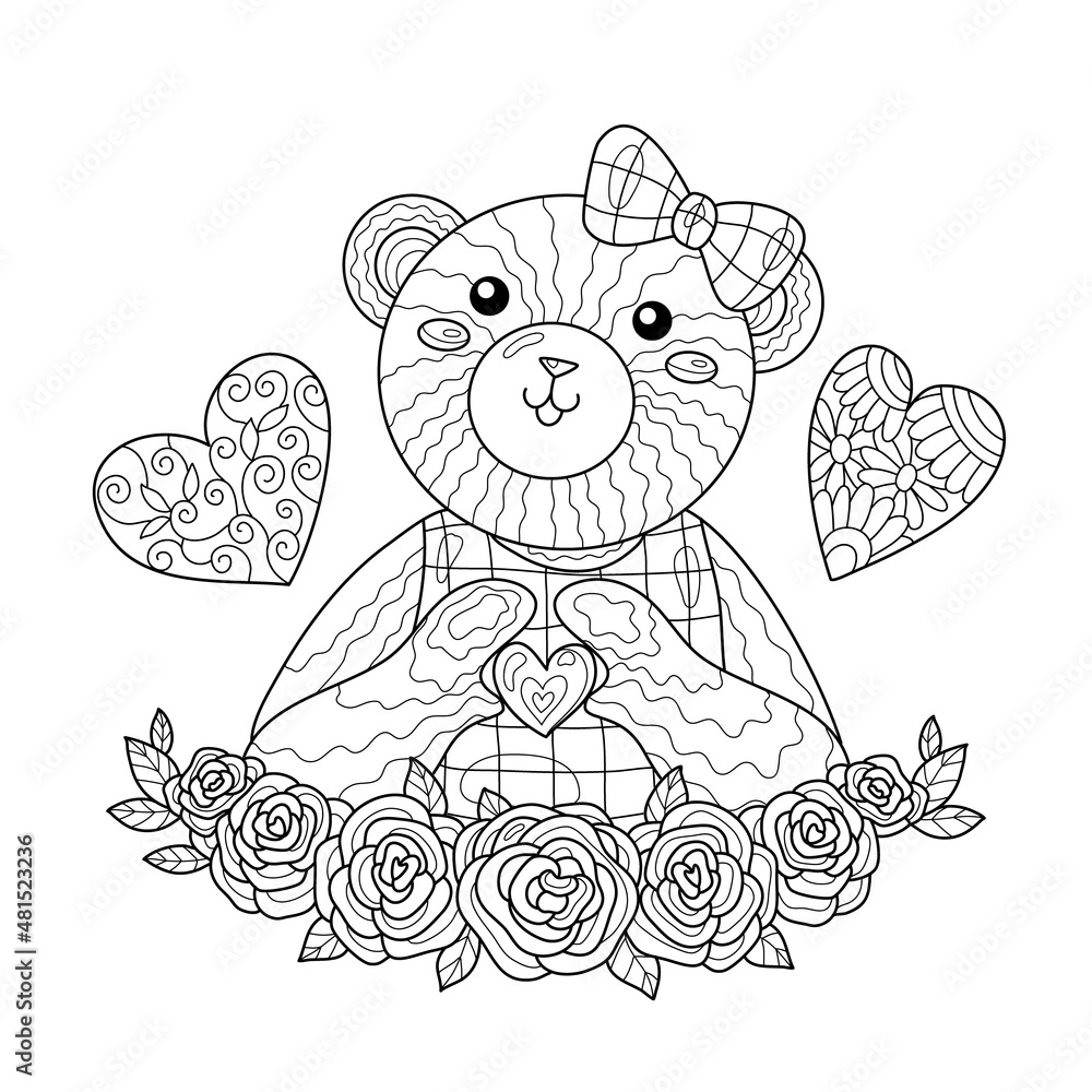 Lovely teddy bear show heart for valentine day with roses. Coloring ...