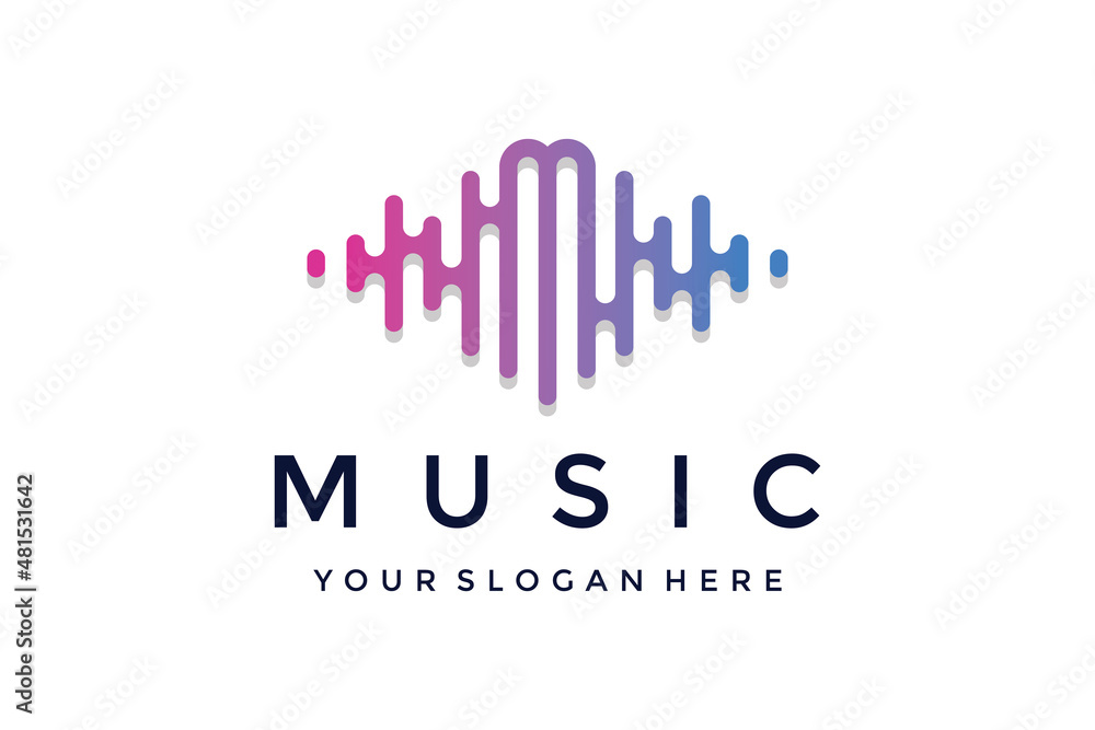 Letter m with pulse, electronic music logo template music player ...