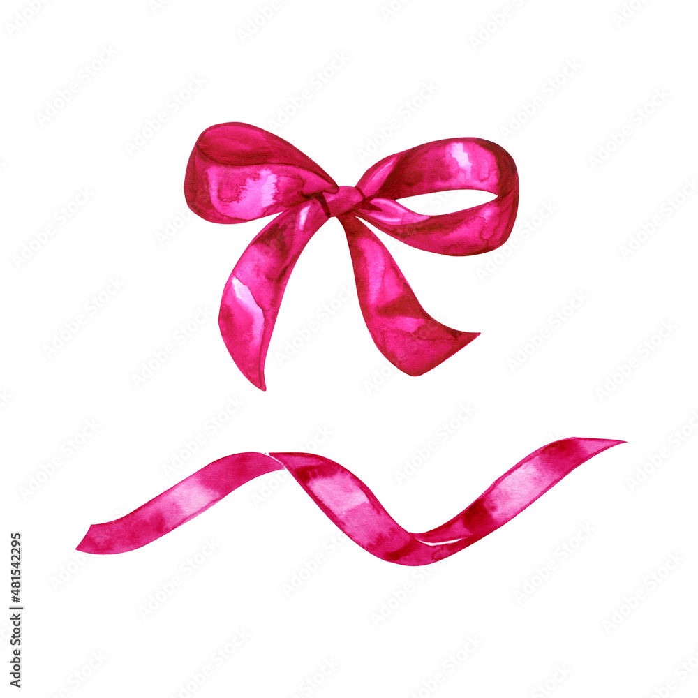 Watercolor hand drawn pink bow for holiday design of any kind of ...