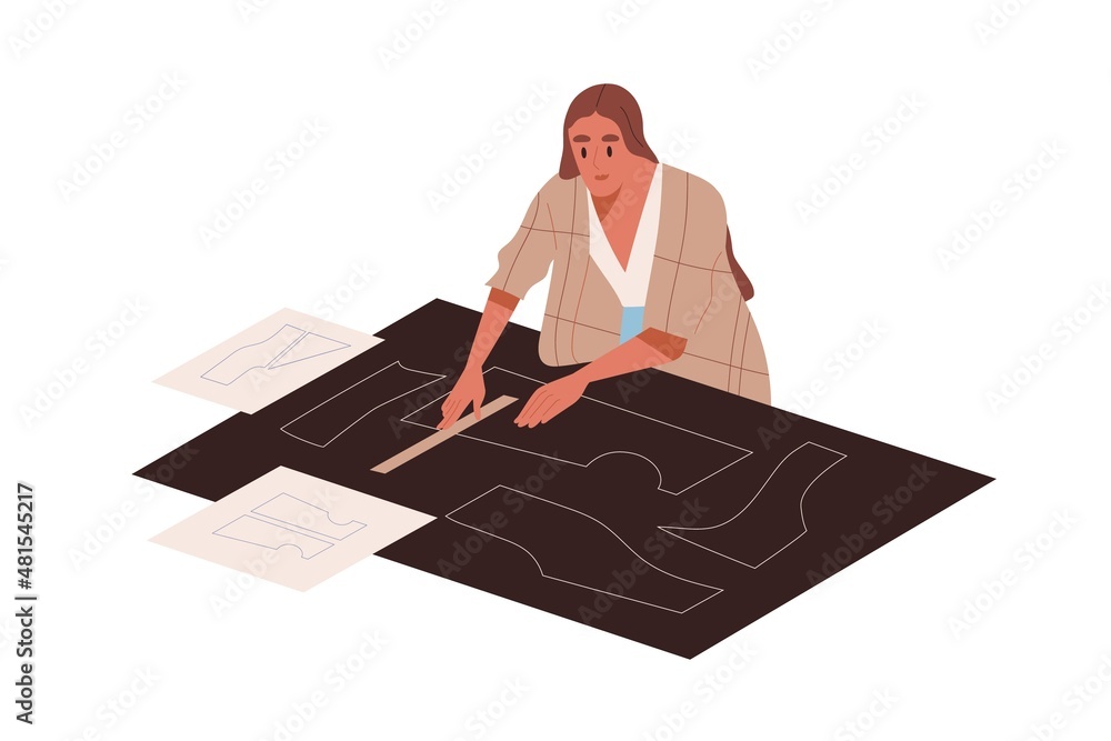 Clothing Patternmaker At Work Making Drafts On Paper And Fabric