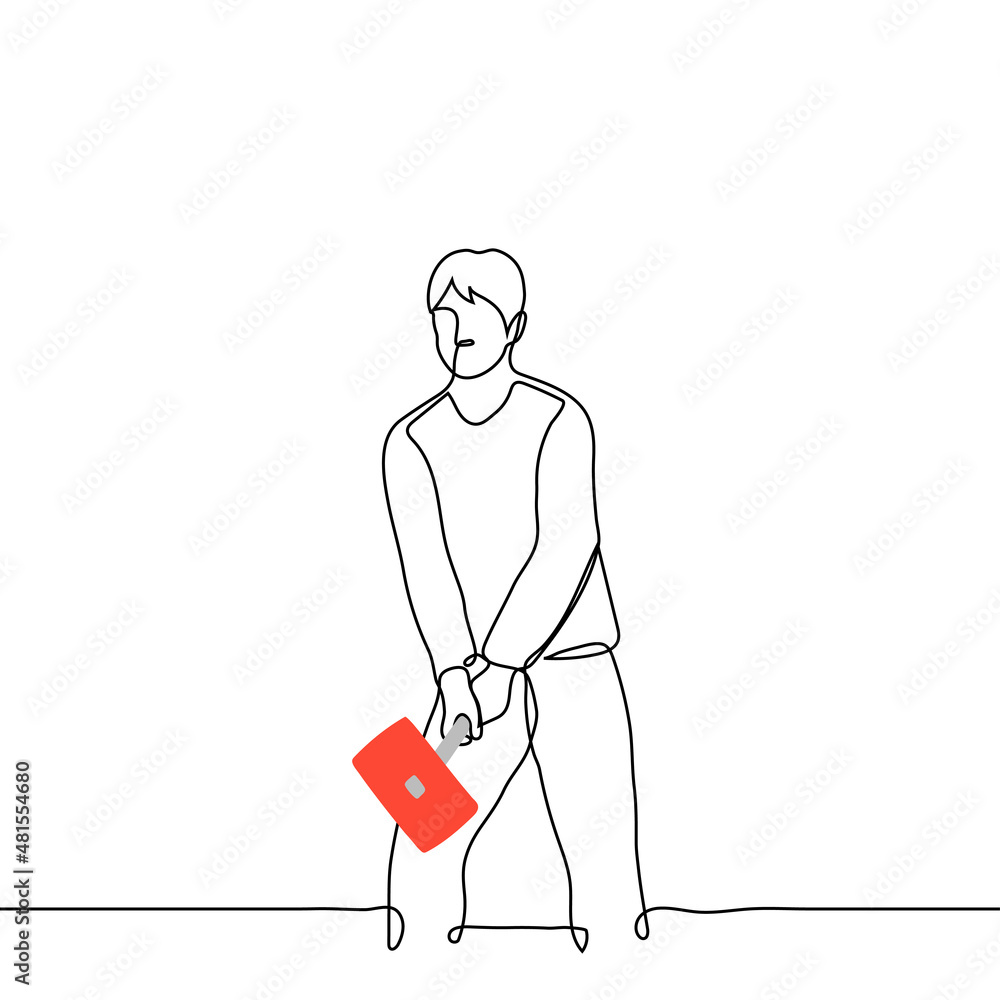 man stands hammer holding both hands ready to strike - one line drawing ...