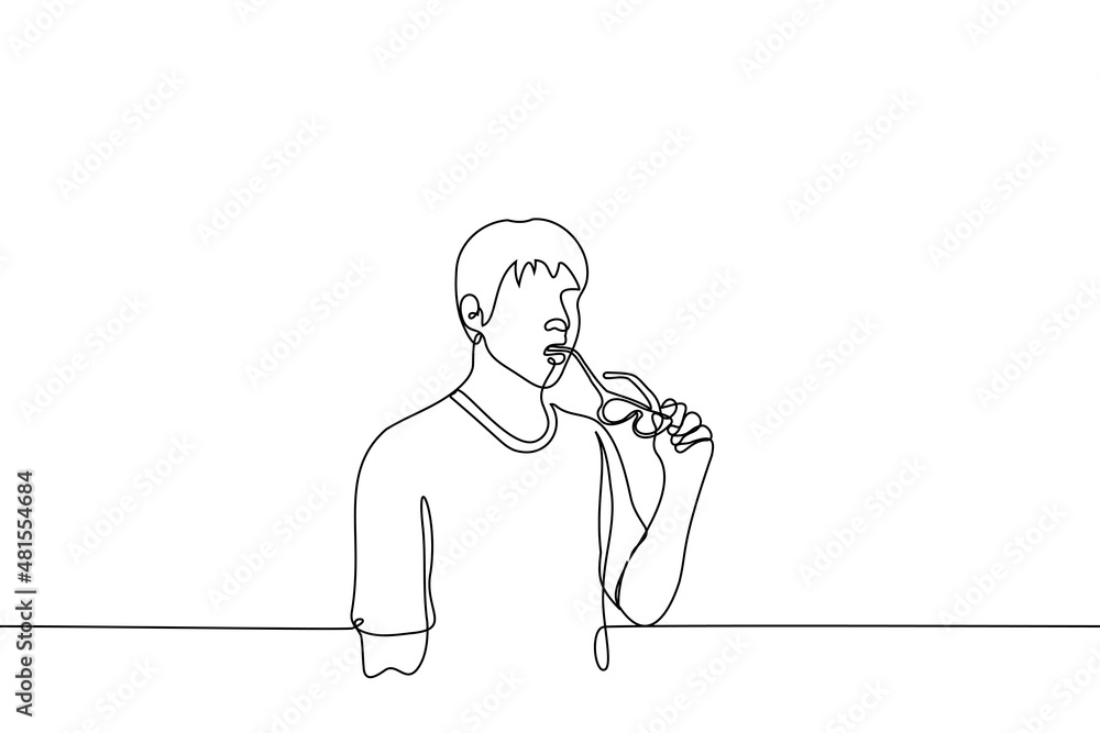 man standing biting frame of his glasses - one line drawing vector. man ...