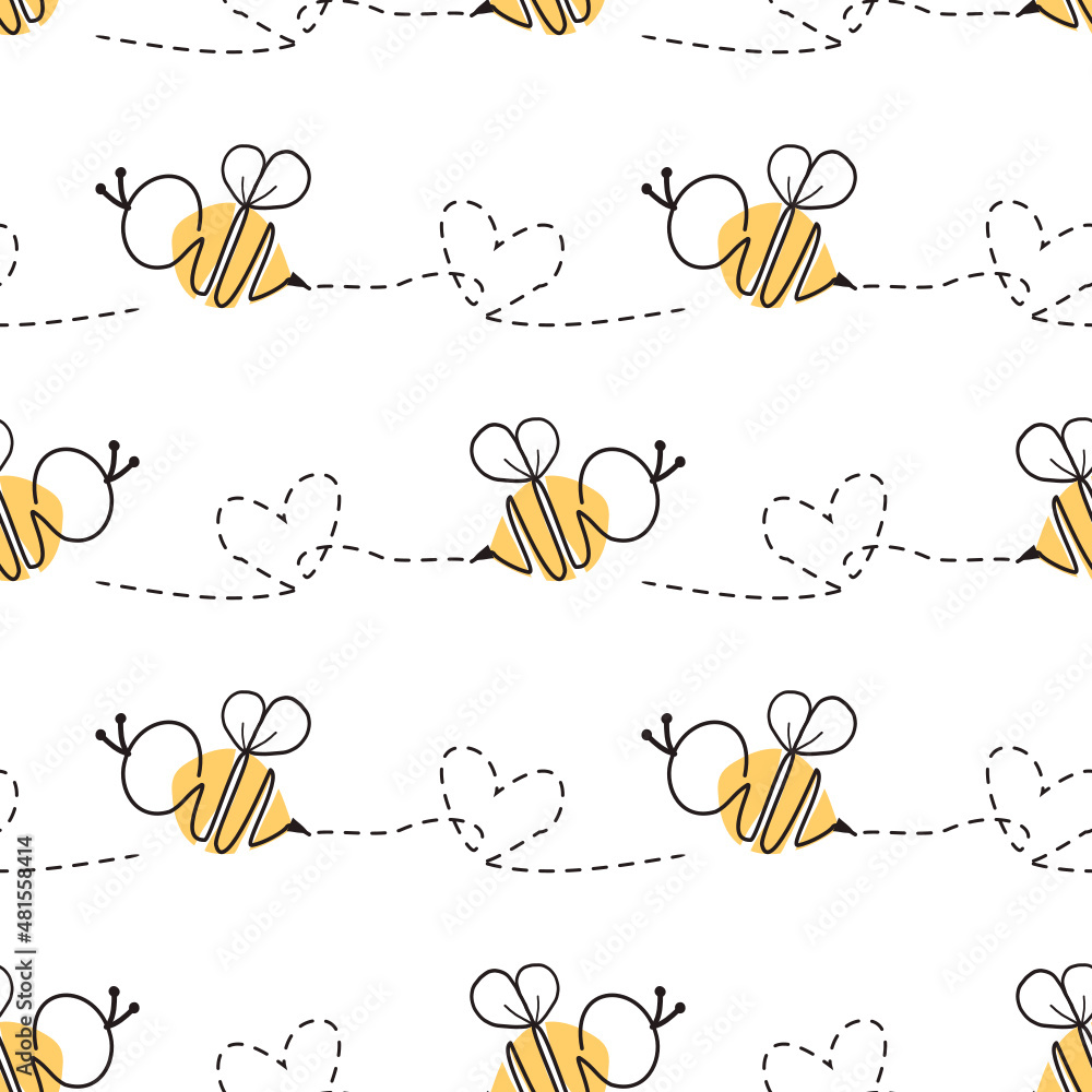 One line art of bee cartoons seamless pattern with heart dot line on ...