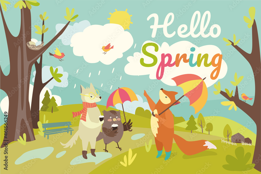 Hello spring concept background. Cute animals greeting springtime. Fox ...