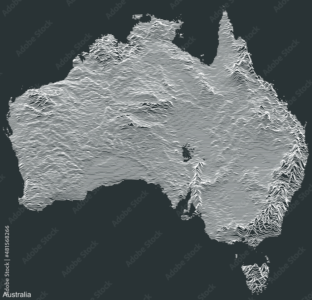 Topographic negative relief map of AUSTRALIA with white contour lines ...