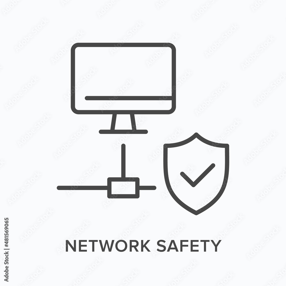 Network safety flat line icon. Vector outline illustration of computer ...