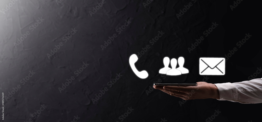 Hand hold icon symbol telephone, email, contact. Website page contact ...