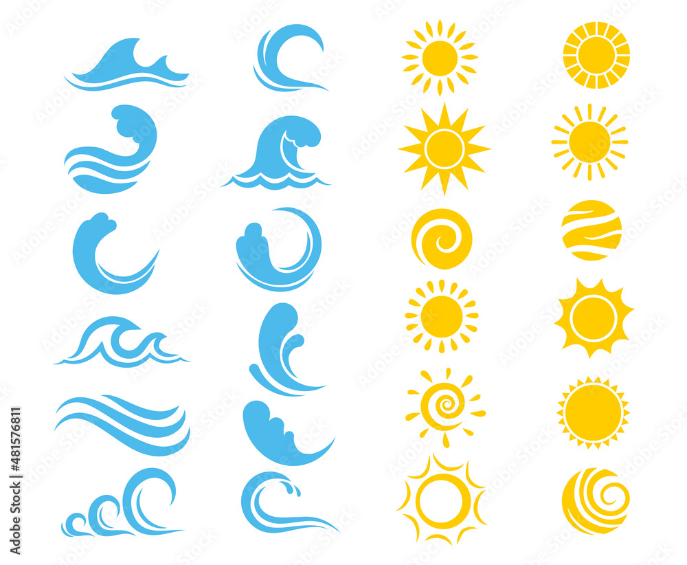 Set of variuos sea wave and sun. Collection of bright stylized sun and ...