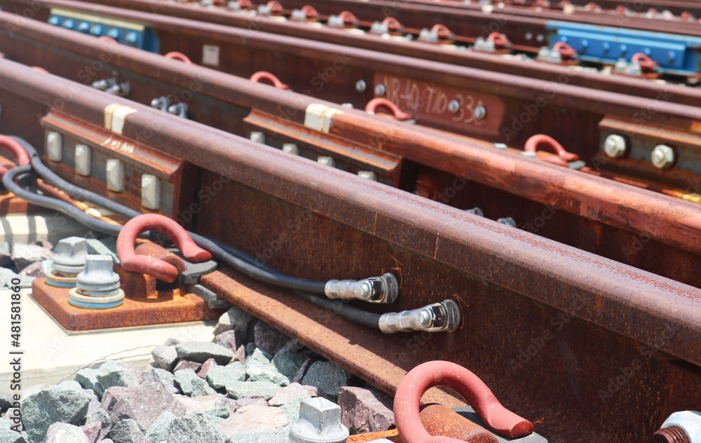 Photo & Art Print Steel rail with head bolt electric cable of railway ...