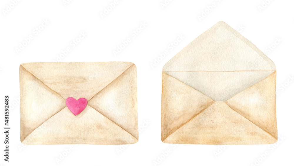 Watercolor envelopes set. Hand drawn craft paper letters illustration ...
