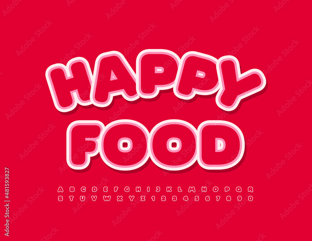 Vector funny template Happy Food. Bright sticker Font. Cute set of ...