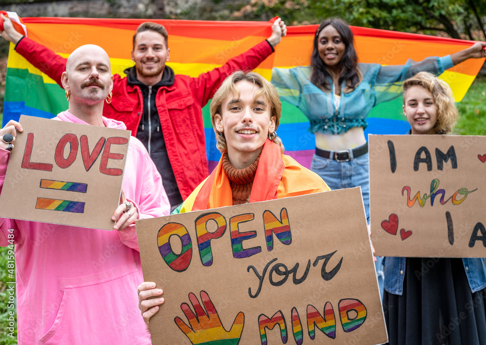 LGBT people holding billboards of slogans to demonstrate equal rights ...