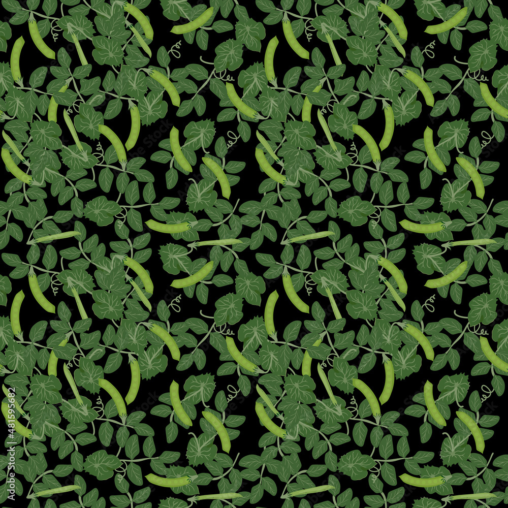 Seamless pattern of green pea shoots: pods, leaves and stems. Vector ...