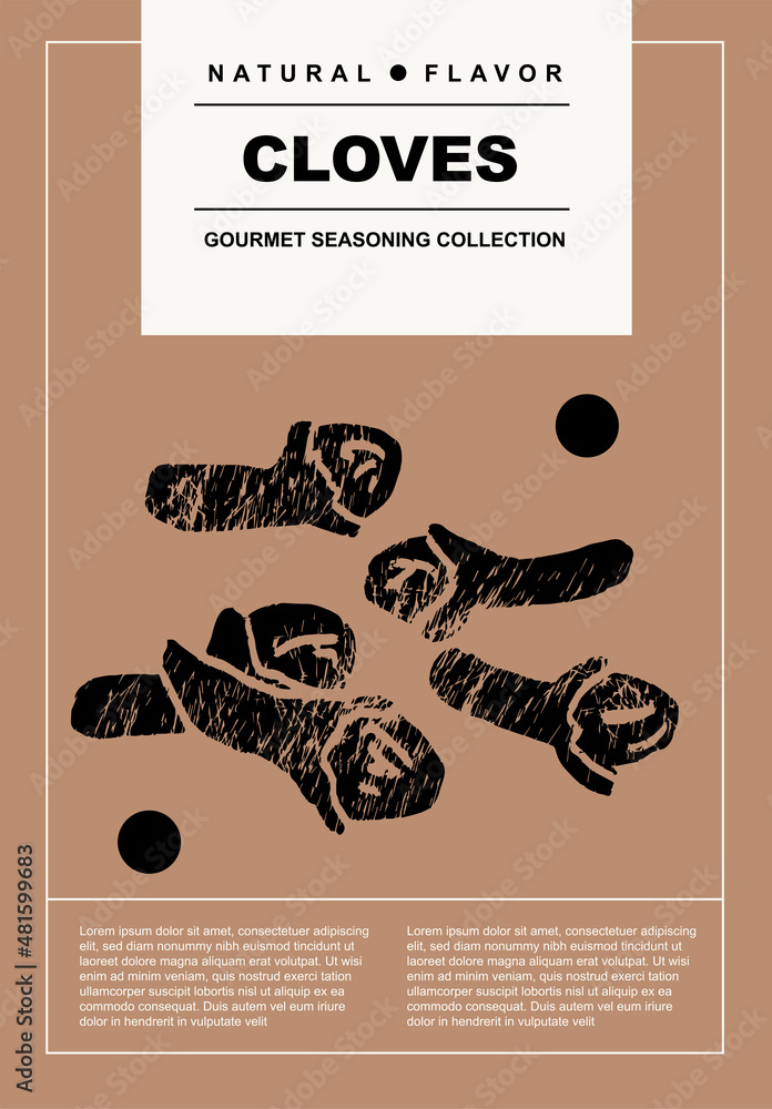 Cloves. Set of posters of spices, herbs, organic product in a abstract ...