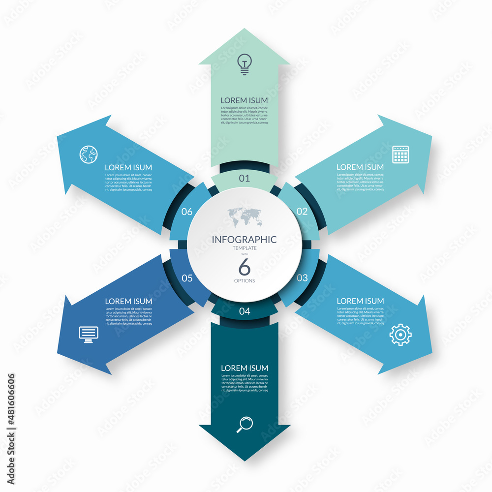 Infographic circle with 6 arrows pointing from the center . 6-step ...