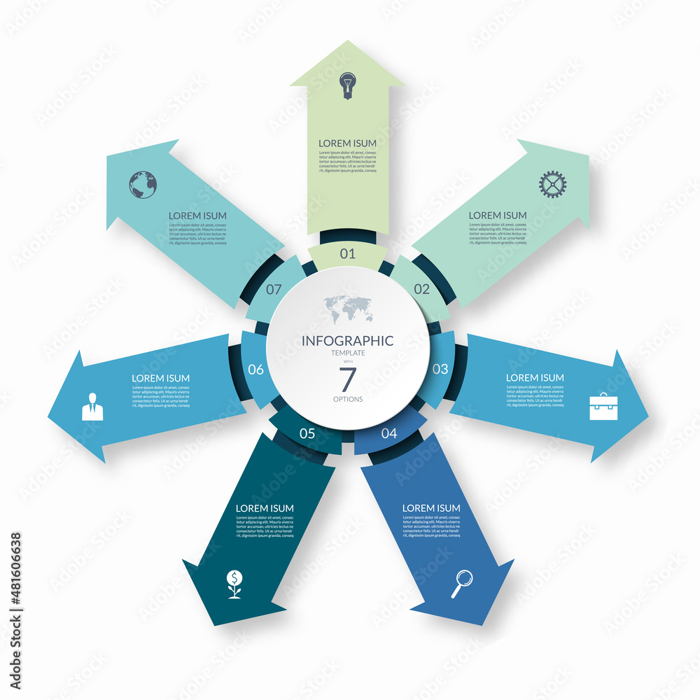 Infographic circle with 7 arrows pointing from the center. 7-step ...