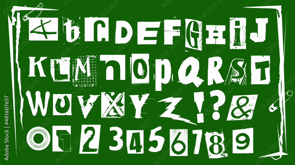 Punk typography vector alphabet and numbers. Type specimen set for ...