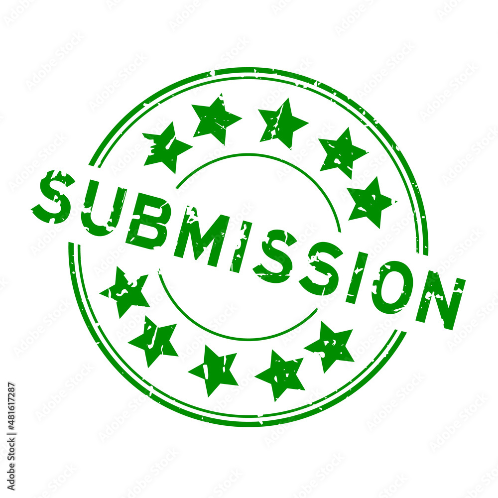 Grunge green submission word with star icon round rubber seal stamp on ...