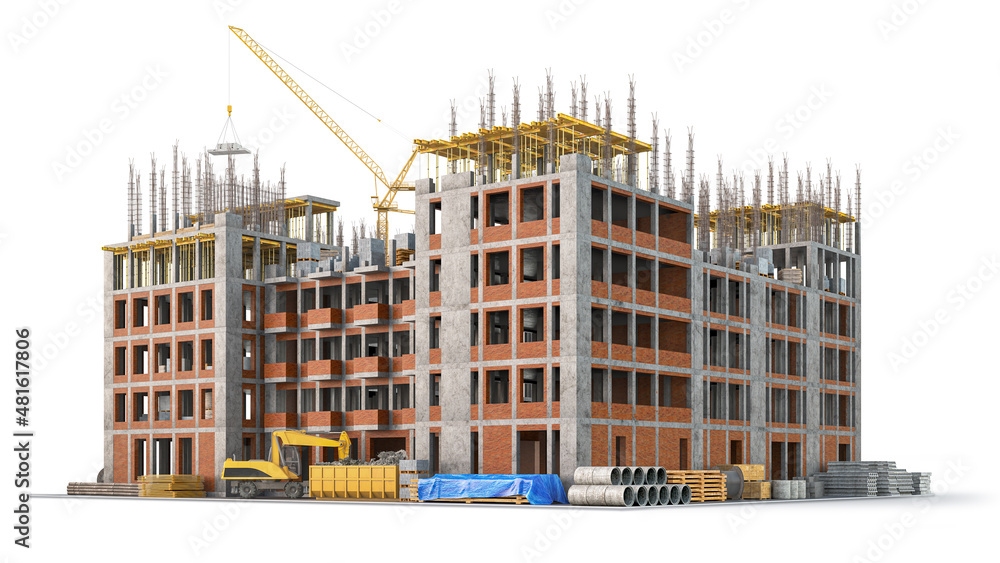 Building under construction on white background. 3d illustration Stock Illustration | Adobe Stock